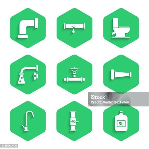 설정 산업 파이프 및 밸브 깨끗한 물 금속 물 수돗물 화장실 그릇과 아이콘 큰 병 벡터 건강관리와 의술에 대한 스톡 벡터 아트