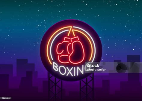 권투 기호 네온 사인 엠 블 럼은 격리 됩니다 스포츠에 벡터 그림입니다 기호 켜져 밝은 밤 배너 복싱 클럽 스포츠의 네온 광고