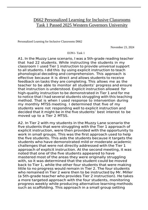 D662 Personalized Learning For Inclusive Classrooms Task 1 Passed 2025 Western Governors