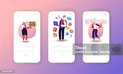 소셜 미디어 광고 모바일 앱 페이지 온보드 화면 템플릿 경고 광고 홍보 및 업무 커뮤니케이션 매스컴에 대한 스톡 벡터 아트 및 기타 이미지 Istock