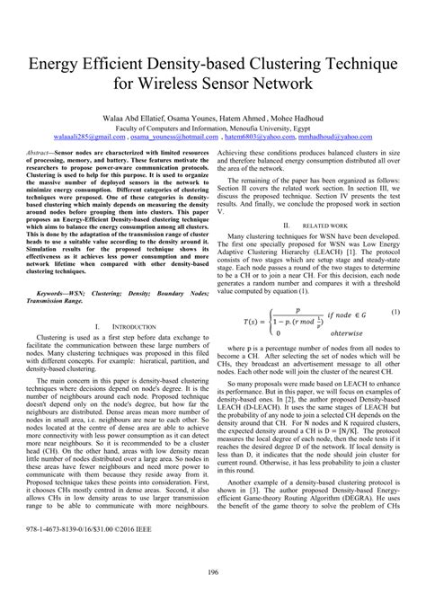 Pdf Energy Efficient Density Based Clustering Technique For Wireless Sensor Network