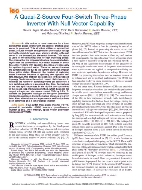 A Quasi Z Source Four Switch Three Phase Inverter With Null Vector Capability Pdf Power