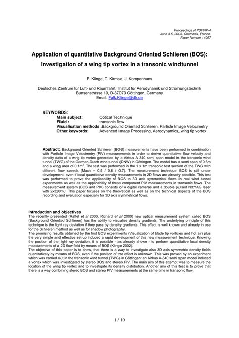 Pdf Application Of Quantitative Background Oriented Schlieren Bos Investigation Of A Wing