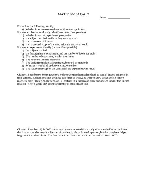 Quiz 7 Problems Introduction To Statistics I Mat 1230 Docsity