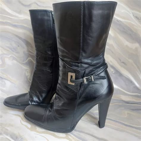 VINTAGE BRONX HIGH Heeled Black Leather Calf Boots Slim Size 3 36