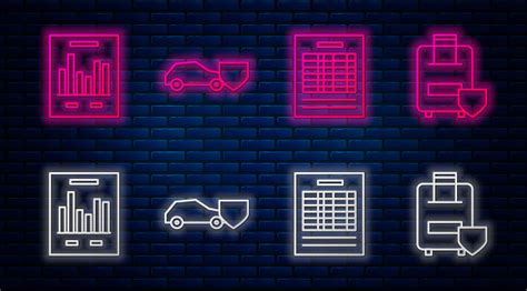 방패 보고서 파일 문서 그래프 차트 및 여행 수하물 보험과 라인 자동차를 설정합니다 벽돌 벽에 빛나는 네온 아이콘 벡터 그래프에