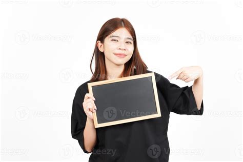 Showing Presenting And Holding Blank Blackboard Of Beautiful Asian