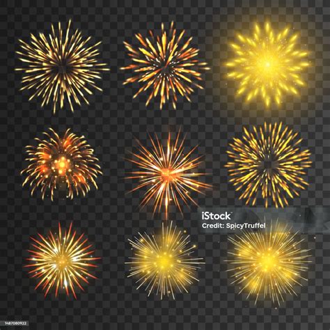 디왈리 불꽃놀이 빛의 반짝임 새해 화재 폭발 승리 경례 크리스마스가 번쩍입니다 휴일 축하 사실적인 불꽃 폭발 요소 세트 벡터 그림 배경 디왈리에 대한 스톡 벡터 아트 및
