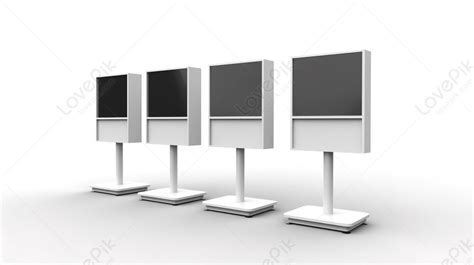 빈 무역 박람회 부스를 위한 흰색 배경의 세련된 Lcd 스크린 스탠드 3d 렌더링 부스 배경 무역 배경 스탠 배경 이미지