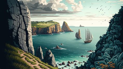 배경 화면 낭떠러지 Ocean View 파도 바닷가 식물 바위 보트 항해 구름 1920x1080 Bottlekiller 2214668 배경 화면