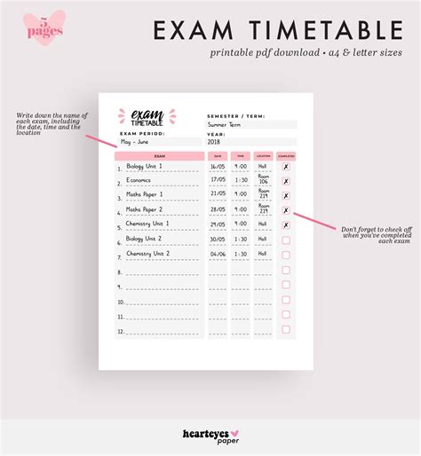 Exam Timetable Printable Planner Exam Schedule Exam Planner Babe Planner Babe Planner