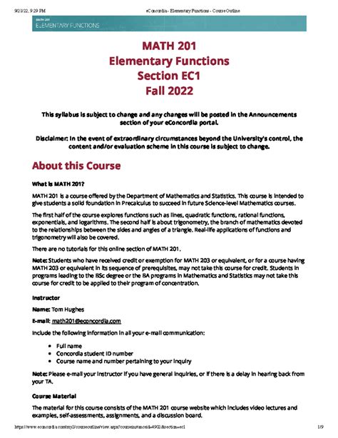 E Concordia Elementary Functions Course Outline Math 201 Elementary Functions Section Ec