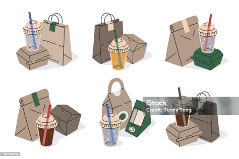 종이 테이크 아웃 용기 음식 배달 공예 가방 상자 및 플라스틱 컵 일회용 음식 배달 포장 플랫 벡터 일러스트레이션 세트 가방에 대한 스톡 벡터 아트 및 기타 이미지 Istock