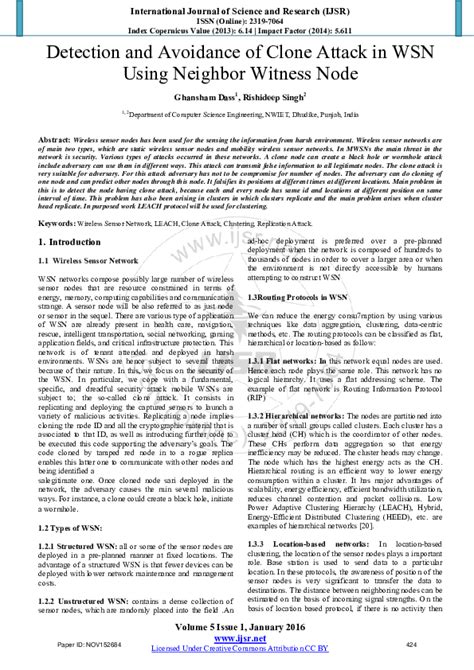Pdf Detection And Avoidance Of Clone Attack In Wsn Using Neighbor Witness Node Rishideep