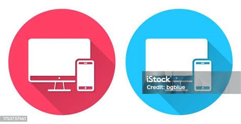 데스크톱 컴퓨터 및 스마트 폰 빨간색 또는 파란색 배경에 긴 그림자가 있는 둥근 아이콘 Brand Name Smart Phone에 대한 스톡 벡터 아트 및 기타 이미지