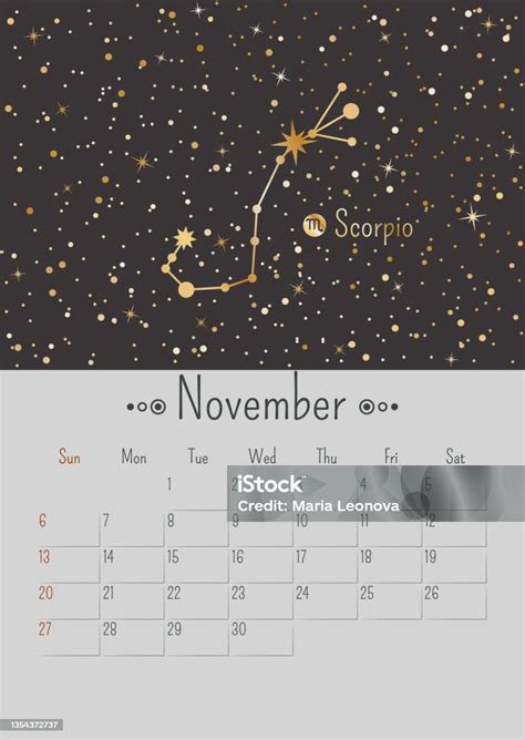 벡터 수직 2022 달력 황금 조디악 별자리와 검은 배경에 별 A3 별자리 전갈 자리 기호와 A2 포스터 일러스트와 날짜 1개월의 플래너 0명에 대한 스톡 벡터 아트 및