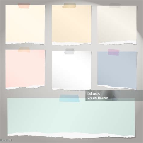 회색 배경에 접착제 테이프가있는 다양한 다채로운 찢어진 노트 용지 세트 줄 친 종이에 대한 스톡 벡터 아트 및 기타 이미지 줄 친 종이 찢겨진 0명 Istock