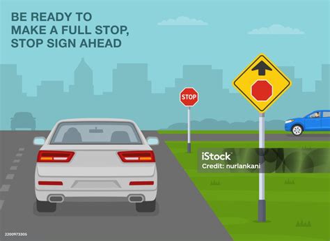 안전 운전 요령 및 교통 규제 규칙 미국 앞서 멈춰라표지판 의미 교차로에서 흰색 세단 자동차의 뒷모습 완전히 멈출 준비를 하십시오 벡터 일러스트 템플릿입니다 개체 그룹에