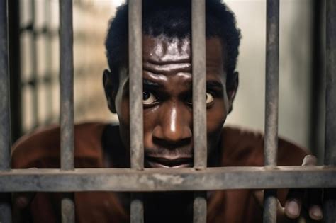 African American Man Stands Behind Prison Cell Bars And Looks At Camera