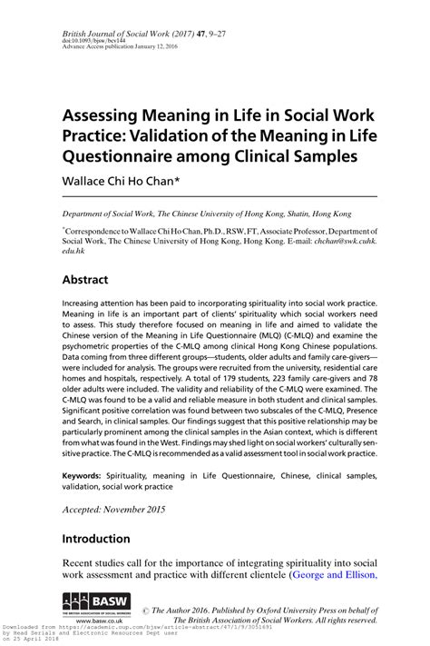Pdf Assessing Meaning In Life In Social Work Practice Validation Of