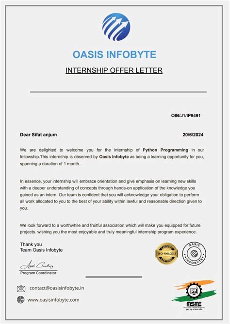 sifat anjum on linkedin newjourney internship oasisinfobyte aicte