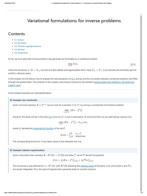 Variational Formulations For Inverse Problems 10 Lectures On Inverse Problems And Imaging