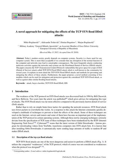 Pdf A Novel Approach For Mitigating The Effects Of The Tcp Syn Flood