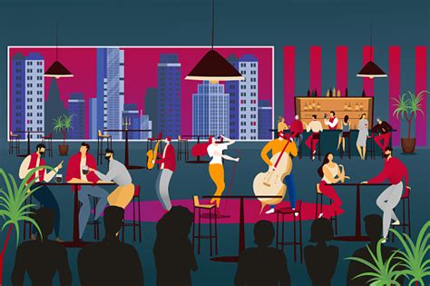 사람들은 현대적인 디자인 카페 벡터 일러스트레이션에서 뮤지션의 말을 듣습니다 음악 밴드 레이디 가수와 재즈 음악에서 공연 가수에 대한 스톡 벡터 아트 및 기타 이미지
