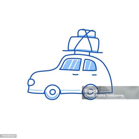 도로 여행 자동차 낙서 손으로 그린 스케치 낙서 스타일의 여행 자동차에 짐을 싣고 있다 파란색 펜 선 획 격리 요소입니다 여행 여행 개념 벡터 차에 대한 스톡 벡터 아트 및