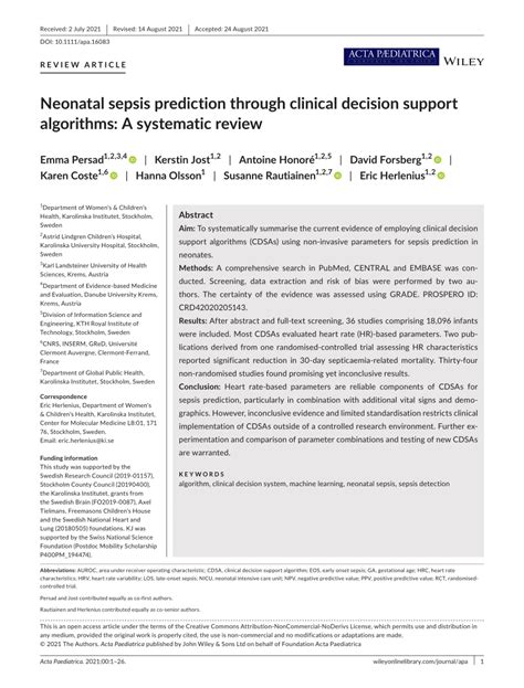 Pdf Neonatal Sepsis Prediction Through Clinical Decision Support Algorithms A Systematic Review