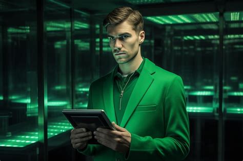 Premium Photo Server Check Using Green Screen Tablet