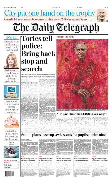 Daily Telegraph Front Page 15th Of May 2024 Tomorrows Papers Today