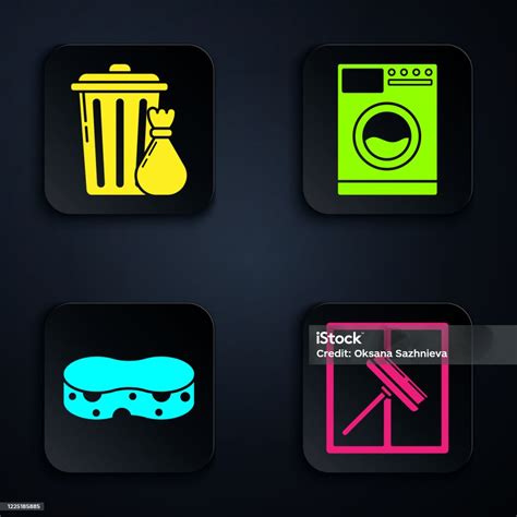 세트 스퀴지 스크레이퍼 와이퍼 쓰레기통 및 쓰레기 봉투 스폰지 및 와셔 검은 정사각형 버튼 벡터 가사 집안일에 대한 스톡 벡터 아트 및 기타 이미지 Istock
