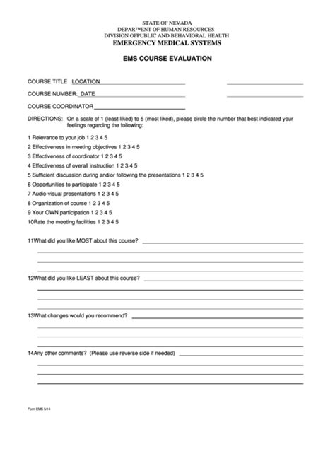 Form Ems Ems Course Evaluation Department Of Human Resourses Printable Pdf Download