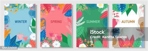 벡터 세트 꽃 배경 자연 배경 사계절 템플릿 배너 표지 템플릿 엽서 가을에 대한 스톡 벡터 아트 및 기타 이미지 가을 겨울 계절 Istock