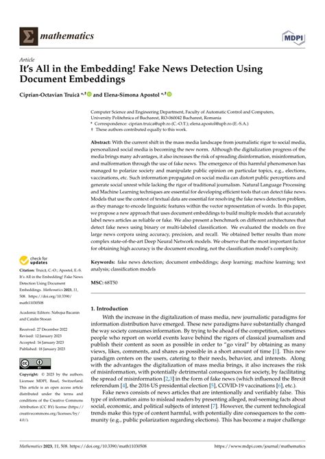 Pdf Its All In The Embedding Fake News Detection Using Document Embeddings
