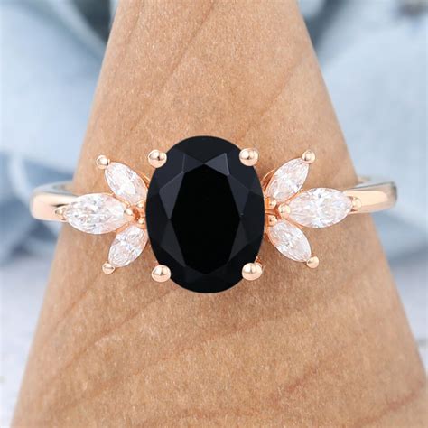 Delicate Oval Cut Cluster Black Onyx Engagement Ring Amandafinejewelry