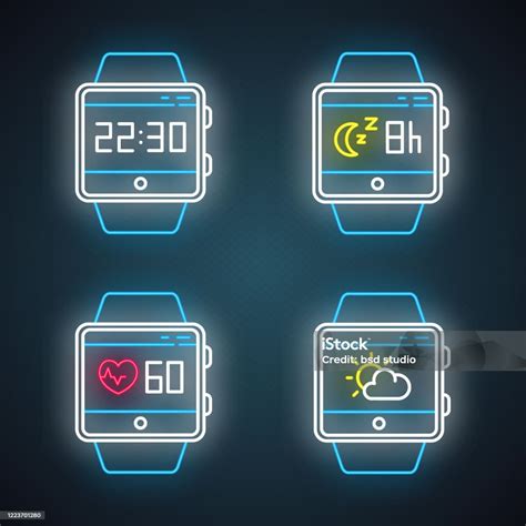 피트니스 트래커 기능 네온 라이트 아이콘 세트 손목 밴드 스마트 워치 기능 추적 심장 박동 수면 모니터링 시계 일기 예보 빛나는 징후 벡터 절연 일러스트레이션 스마트시계에