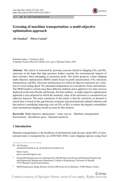 Greening Of Maritime Transportation A Multi Objective Optimization