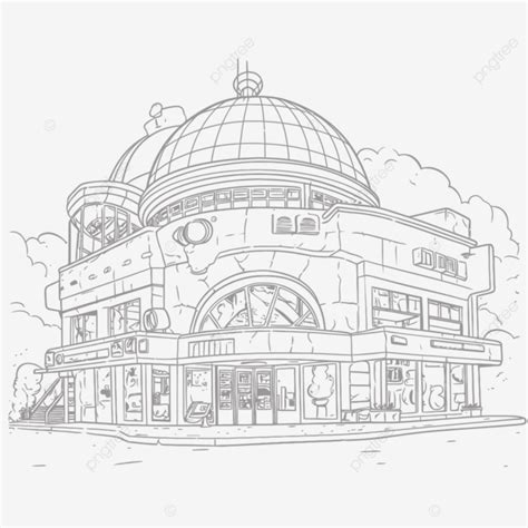돔이 배경에 있는 건물의 스케치 벡터 기본 간단한 귀여운 만화 쇼핑몰 개요 흰색 배경에 고립 어린이 색칠 페이지 Png 일러스트 및 벡터 에 대한 무료 다운로드