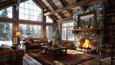 Cozy Rustic Cabin Interior With Fireplace And Forest View For A