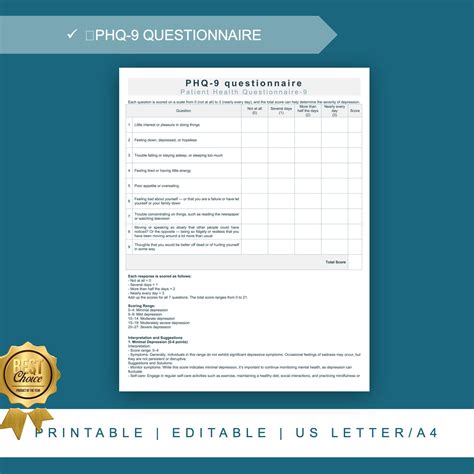 Printable Phq 9 Questionnaire Phq 9 Depression Test Phq 9 Self Assessment Phq 9 Depression