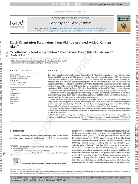 Pdf Earth Orientation Parameters From Vlbi Determined With A Kalman Filter