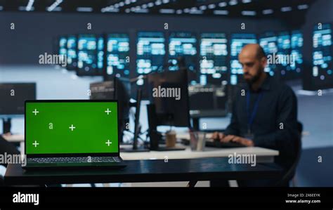 Focus On Isolated Screen Laptop Device In Data Center Used By Admin To Safeguard Data From Virus