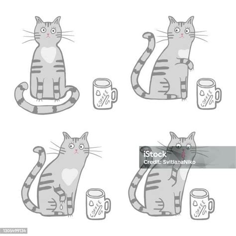 커피 한 잔을 곁들인 귀여운 고양이 벡터 만화 캐릭터 만화 네 고양이는 발로 커피를 시도합니다 어린이 어린이 아기를위한 손으로