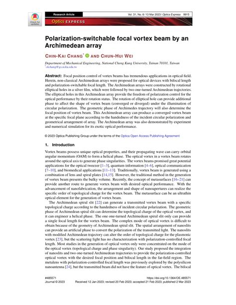 Pdf Polarization Switchable Focal Vortex Beam By An Archimedean Array