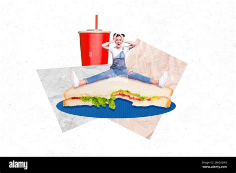 Artwork Collage Picture Of Mini Astonished Girl Sitting Huge Sandwich