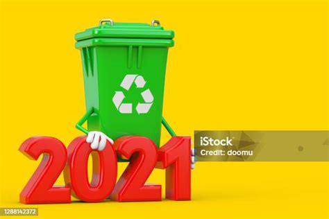 2021 년 새해 기호와 재활용 기호 녹색 쓰레기 쓰레기 쓰레기통 문자 마스코트 3d 렌더링 0명에 대한 스톡 사진 및 기타