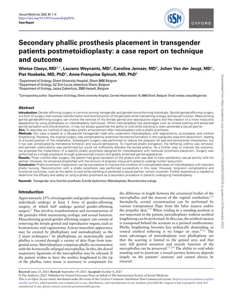 Pdf Secondary Phallic Prosthesis Placement In Transgender Patients