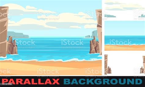 바다 해변 시차 효과를 설정합니다 여름 바다 풍경 멀리 바다의 지평선이 있습니다 해안 바위와 절벽 평온한 날씨 플랫 스타일 그림 벡터 개념에 대한 스톡 벡터 아트 및 기타